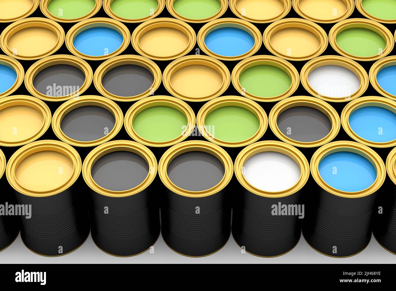 Set of open metal can or buckets of paint in row pattern on white ...