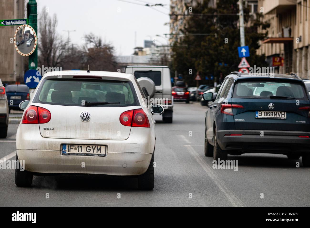 Car traffic, pollution, traffic jam in the morning and evening in the ...