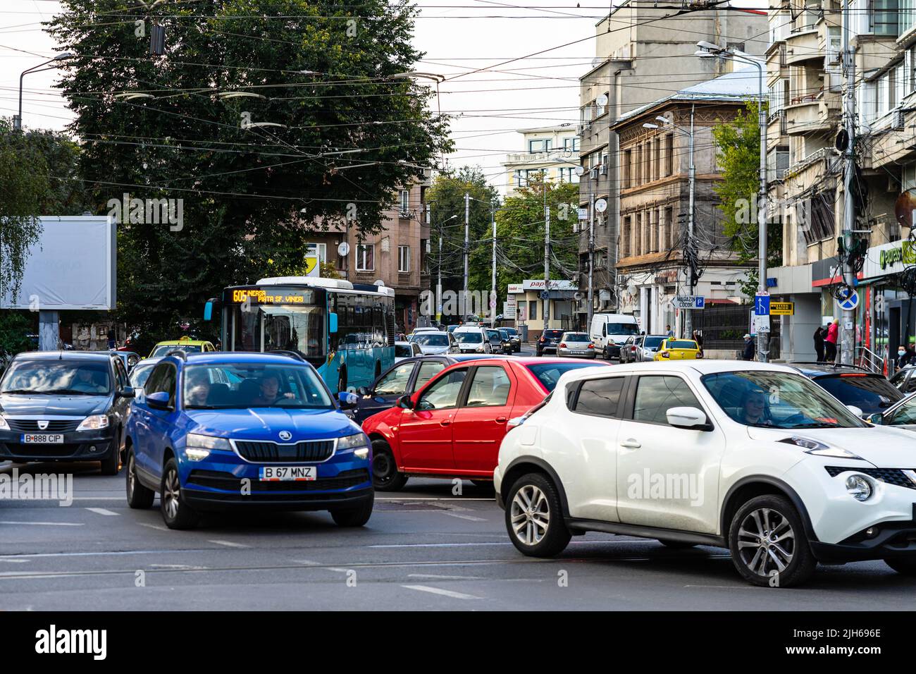 Car traffic, pollution, traffic jam in the morning and evening in the ...