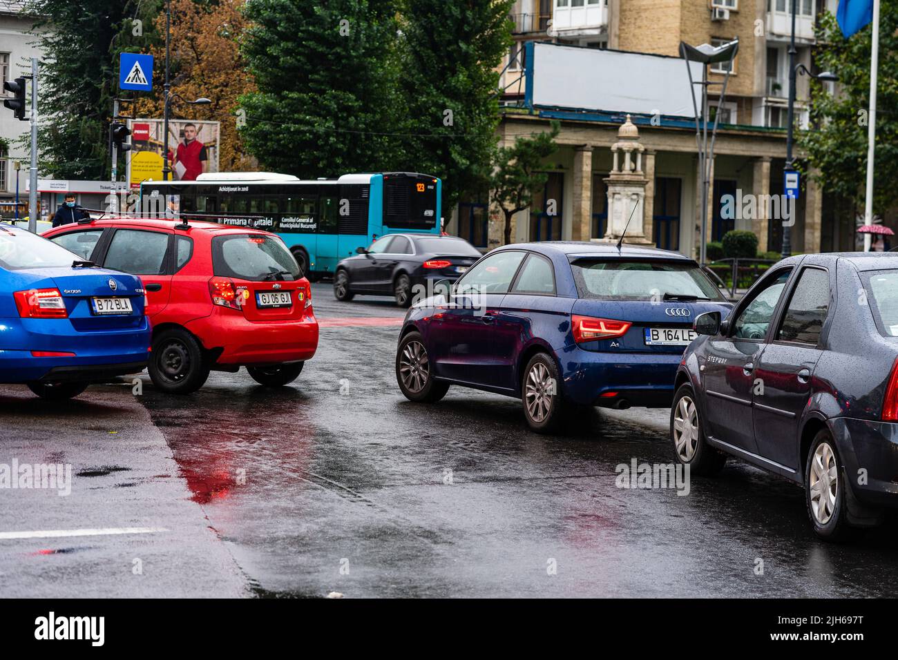 Car traffic, pollution, traffic jam in the morning and evening in the ...
