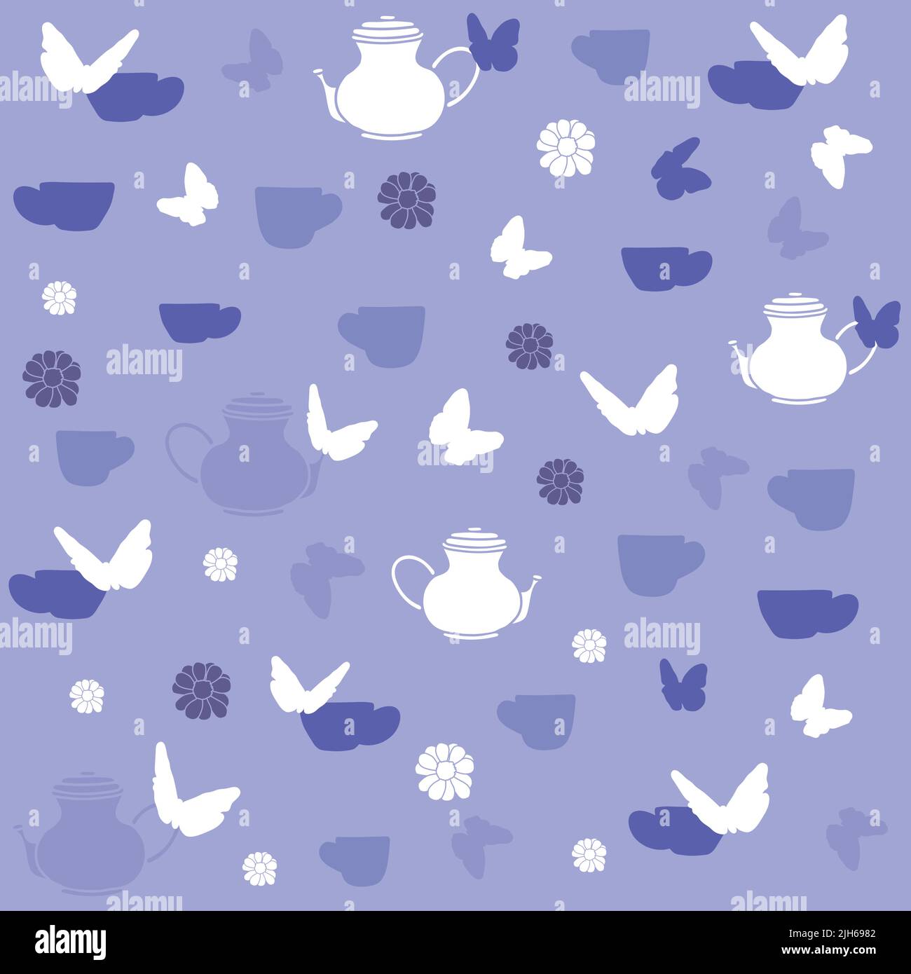 Vector dark purple, blue and white tea party cups, butterflies and ...