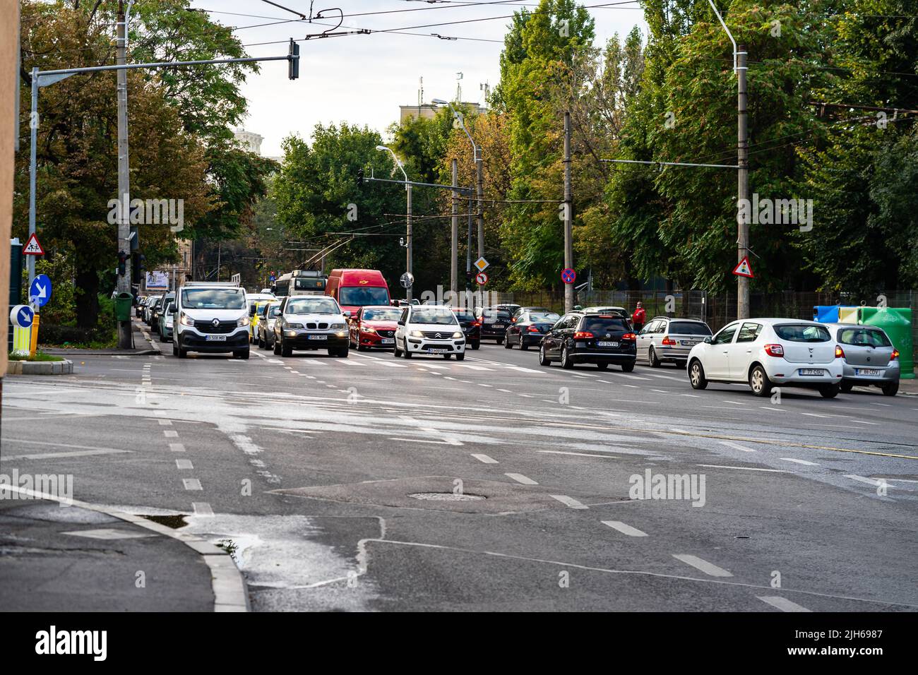 Car traffic, pollution, traffic jam in the morning and evening in the ...