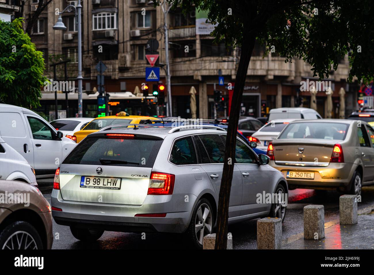 Car traffic, pollution, traffic jam in the morning and evening in the ...