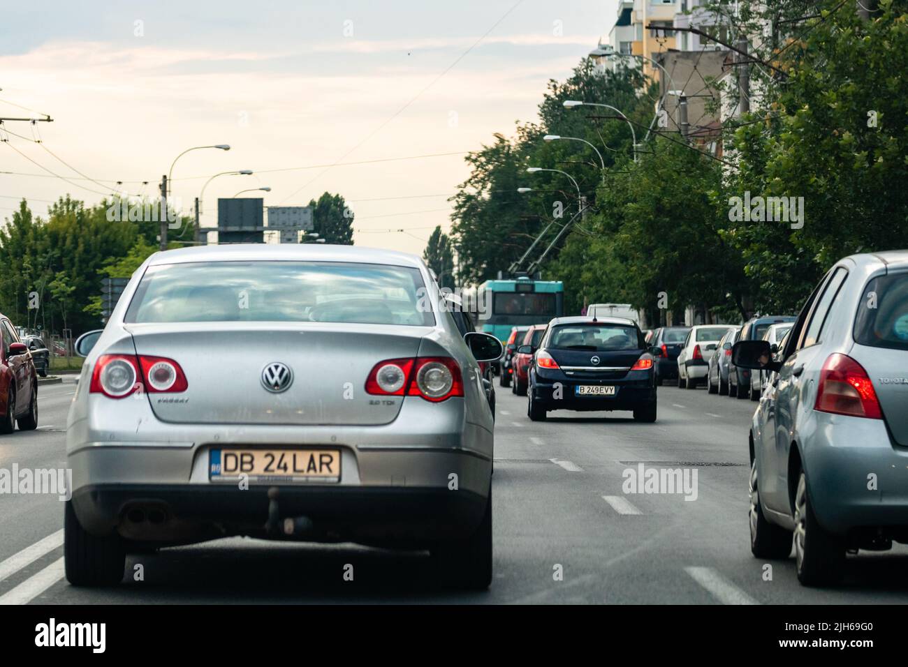 Car traffic, pollution, traffic jam in the morning and evening in the ...