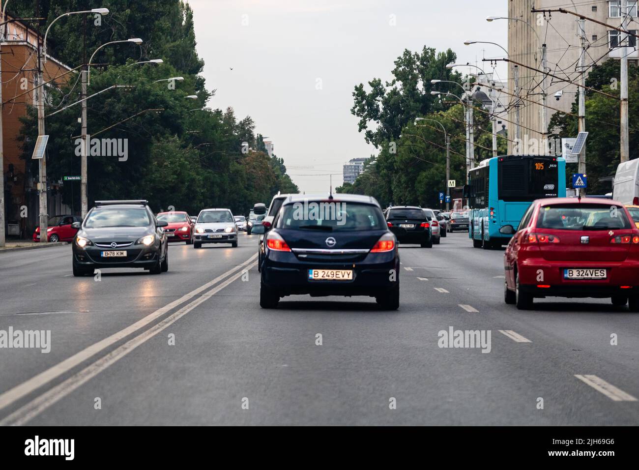 Car traffic, pollution, traffic jam in the morning and evening in the ...