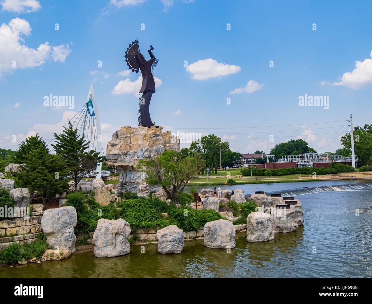 Kansas, JUL 1 2022 - Sunny view of the Indian chief statue at Wichita ...