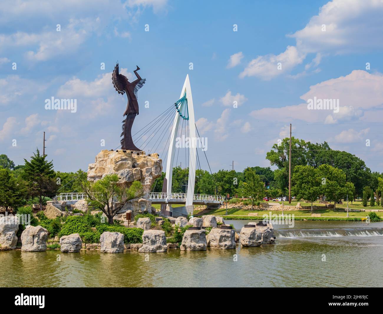 Kansas, JUL 1 2022 - Sunny view of the Indian chief statue at Wichita ...
