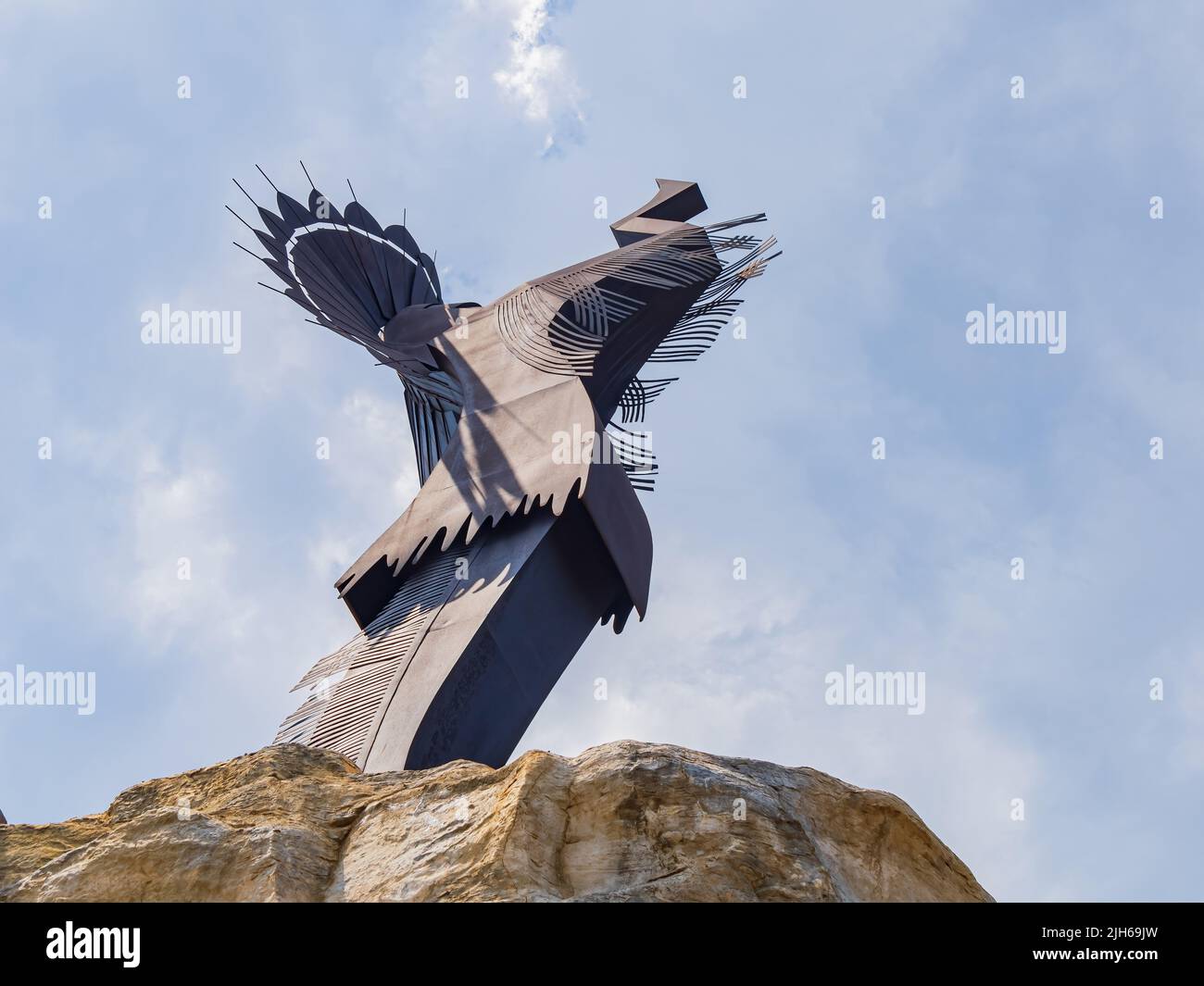 Kansas, JUL 1 2022 - Sunny view of the Indian chief statue at Wichita ...