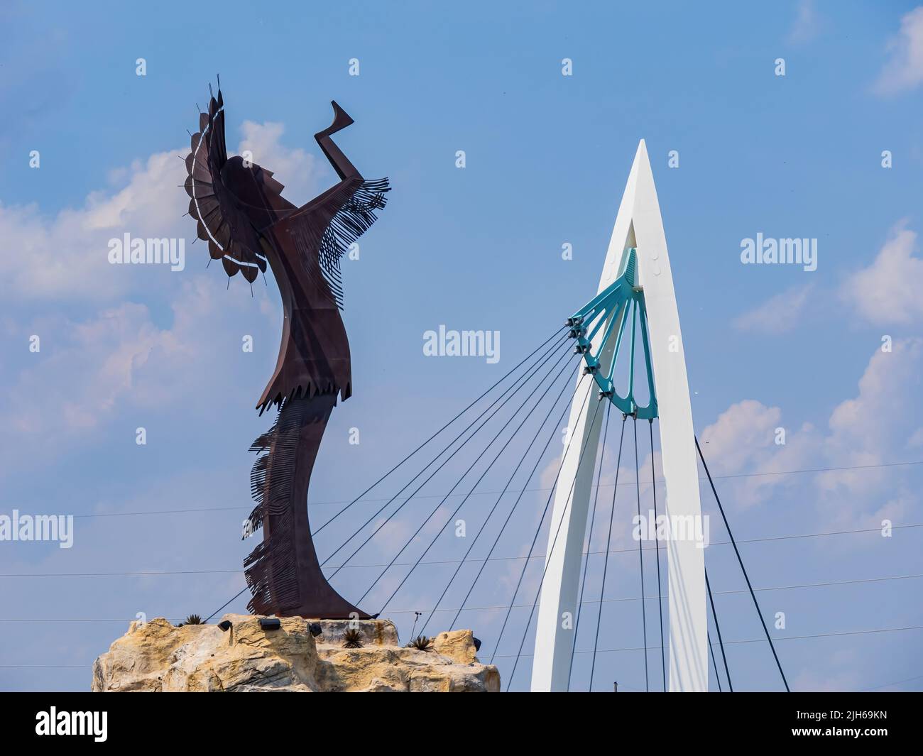 Kansas, JUL 1 2022 - Sunny view of the Indian chief statue at Wichita ...