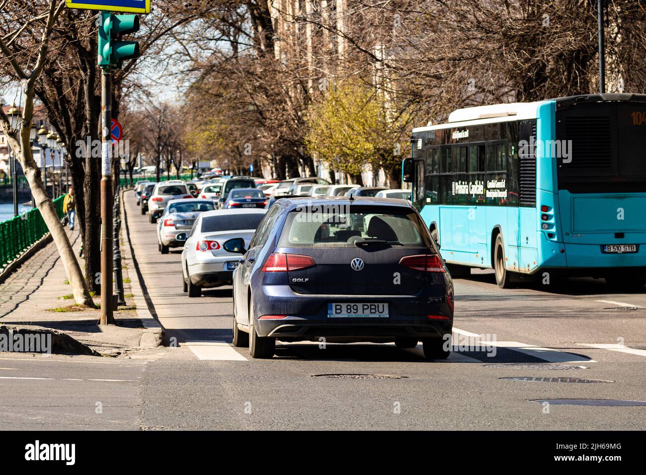 Car traffic, pollution, traffic jam in the morning and evening in the ...
