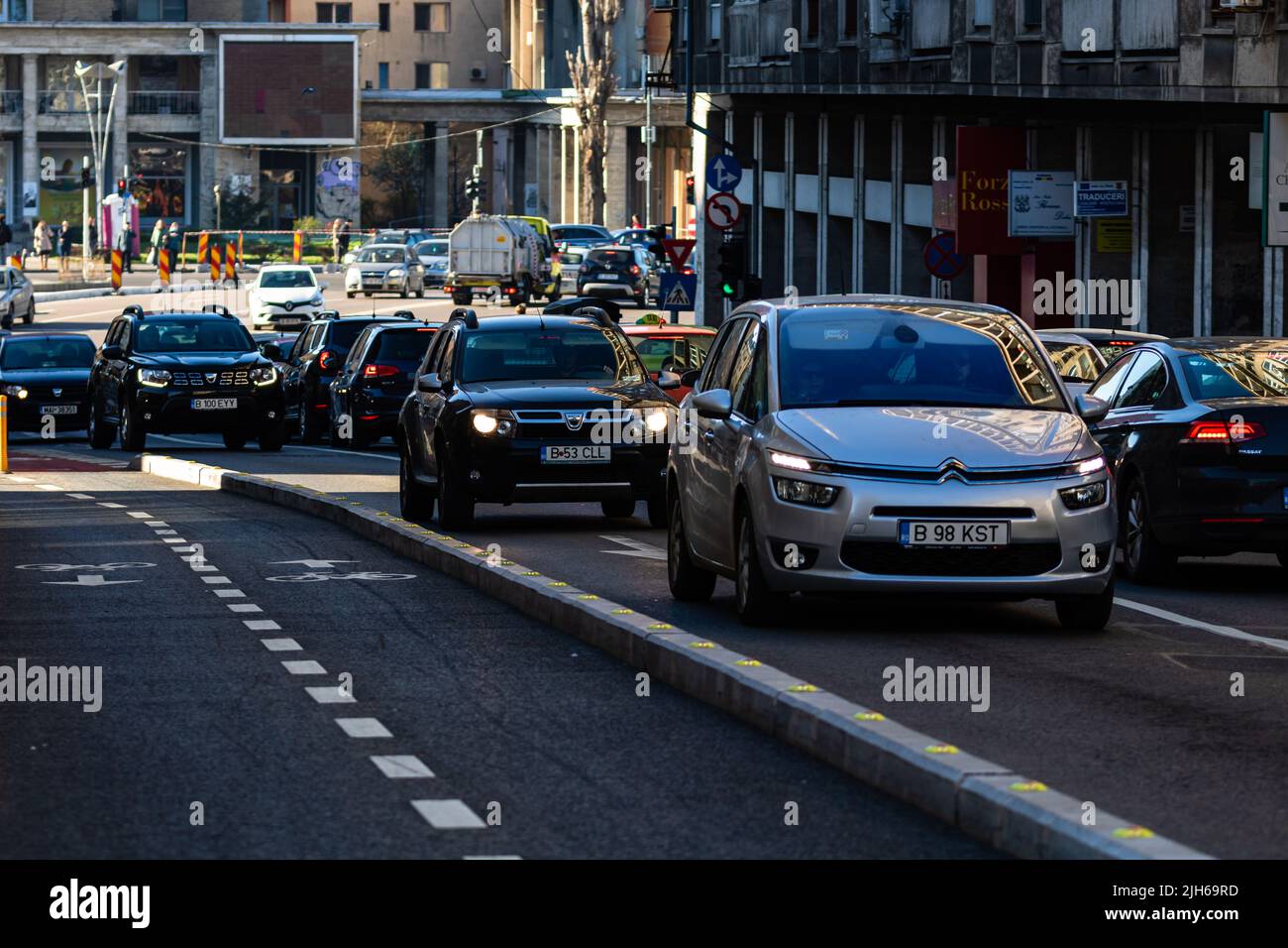 Car traffic, pollution, traffic jam in the morning and evening in the ...