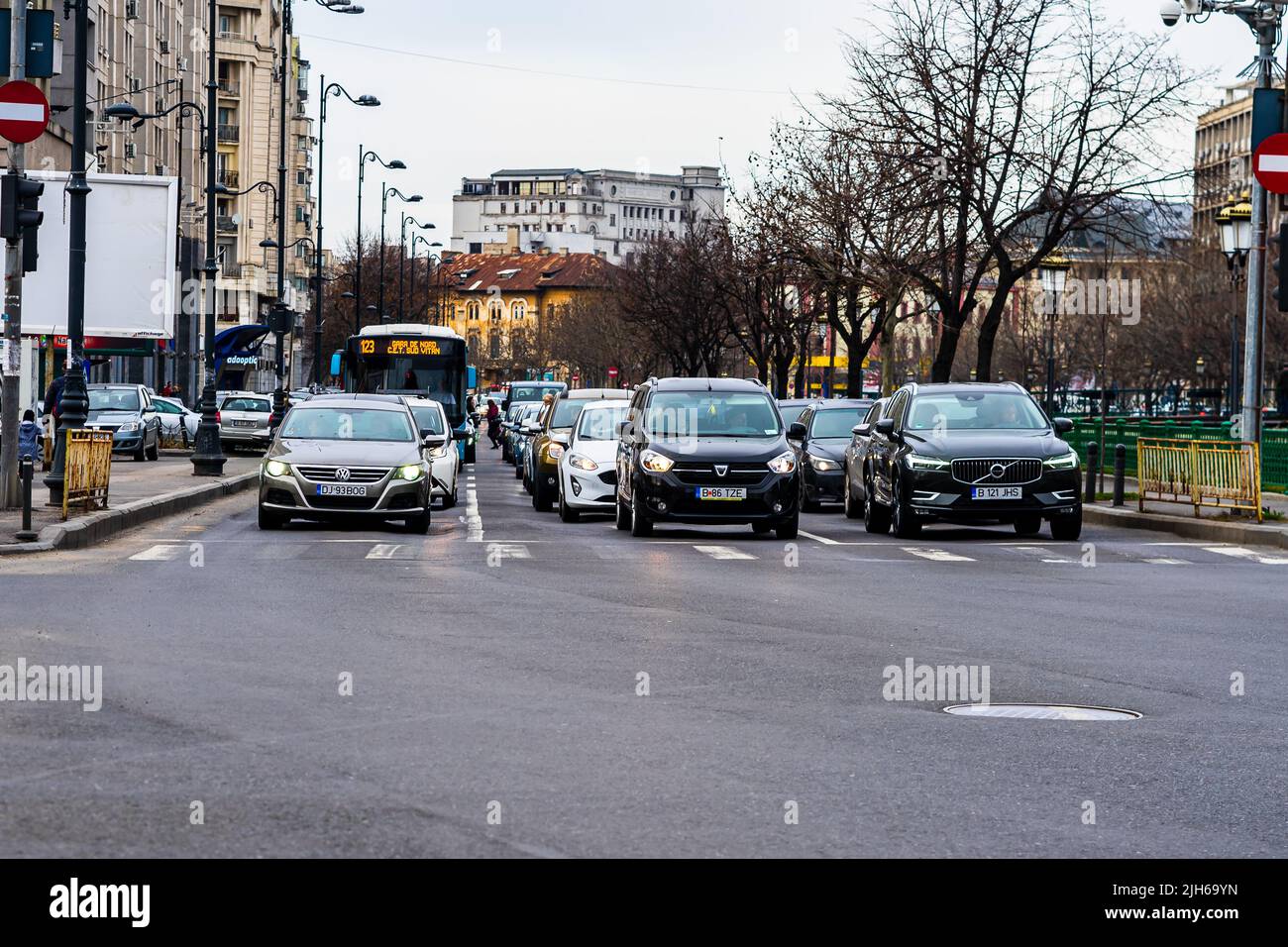 Car traffic, pollution, traffic jam in the morning and evening in the ...