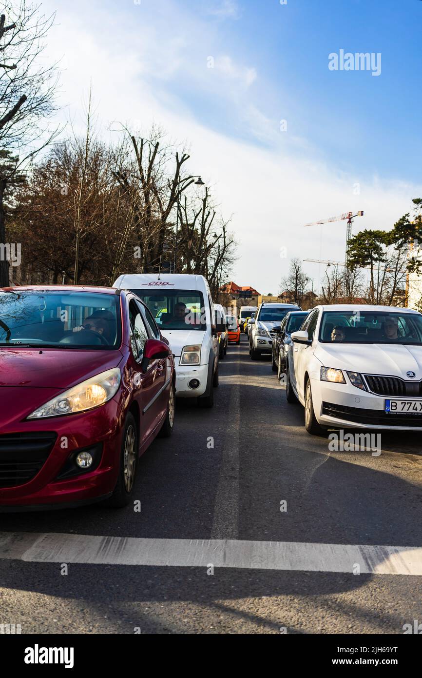 Car traffic, pollution, traffic jam in the morning and evening in the ...