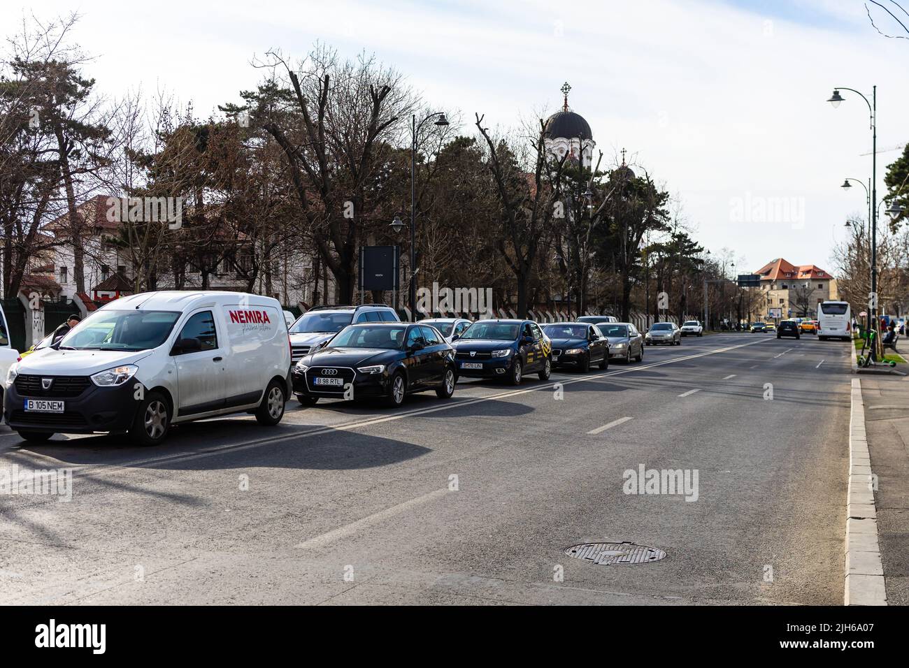 Car traffic, pollution, traffic jam in the morning and evening in the ...