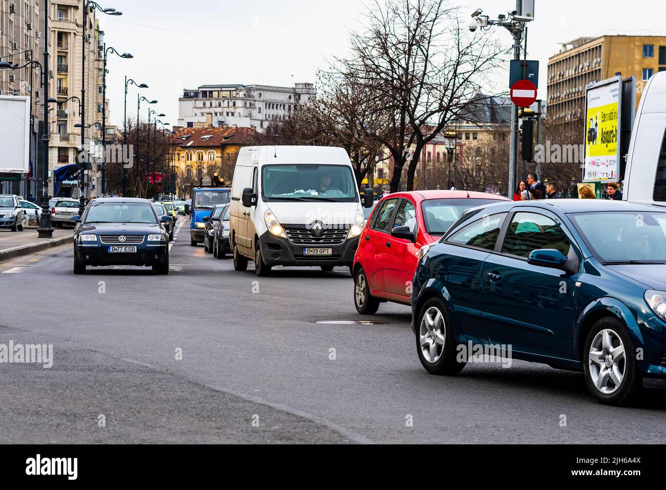 Car traffic, pollution, traffic jam in the morning and evening in the ...