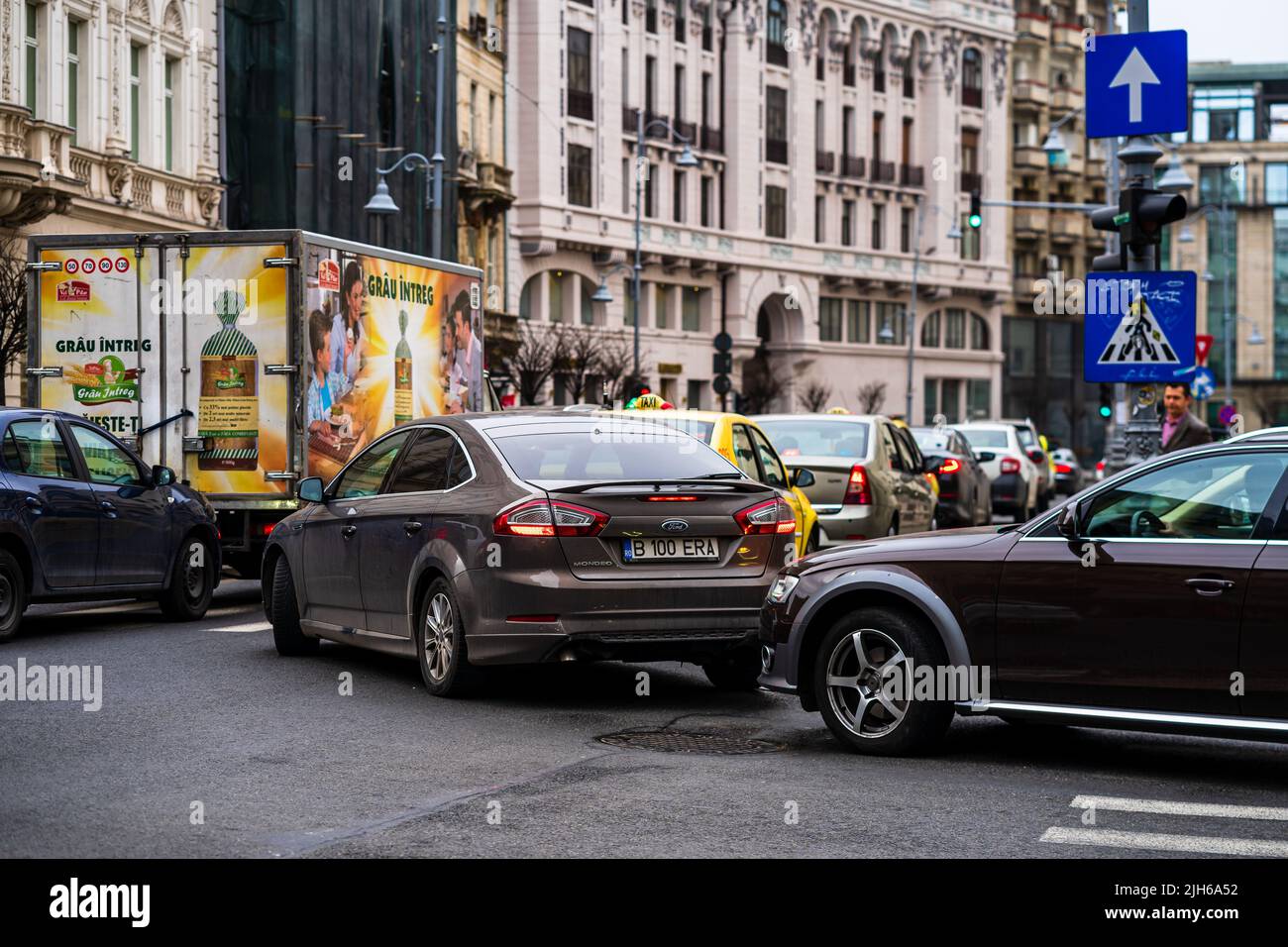 Car traffic, pollution, traffic jam in the morning and evening in the ...