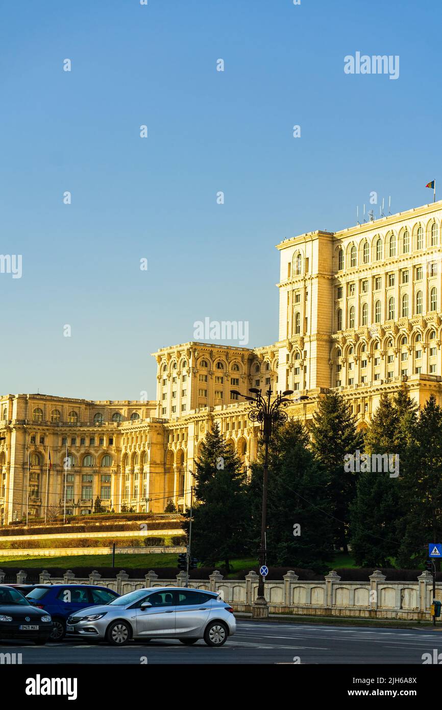 Car traffic, pollution, traffic jam in the morning and evening in the capital city of Bucharest ...