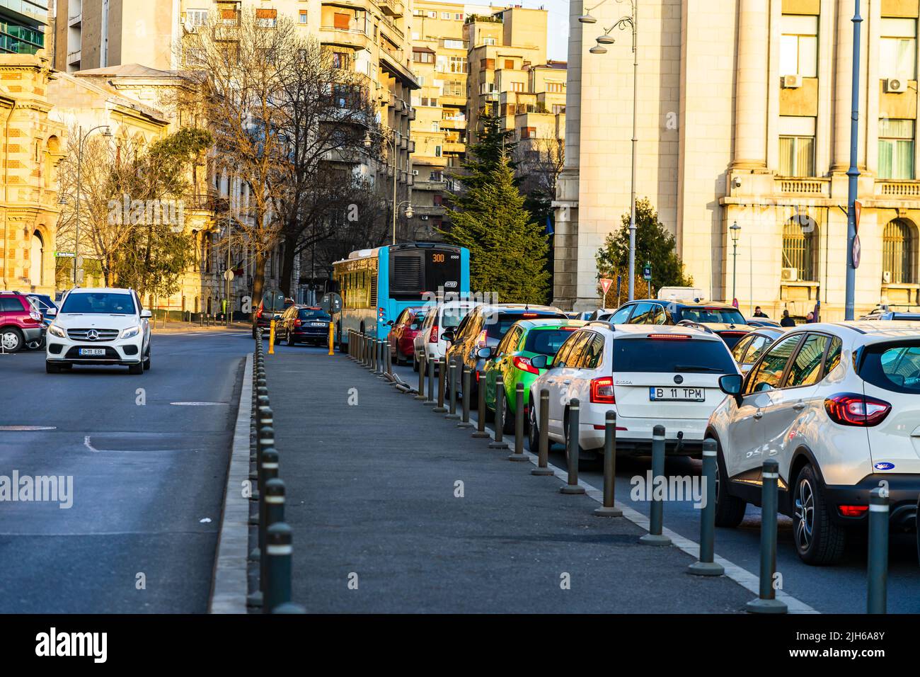 Car traffic, pollution, traffic jam in the morning and evening in the ...