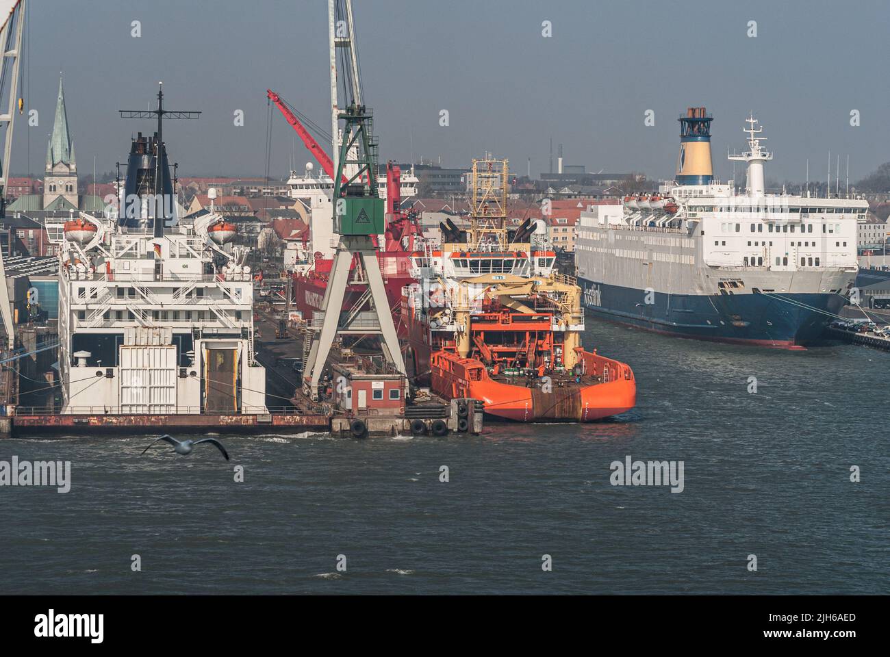 Frederikshavn, Denmark - March 11 2008: Ferries and supply ship at ...