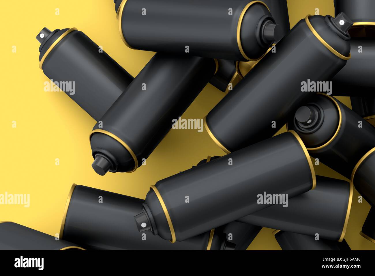 Lots of flying spray paint cans on yellow background. Spray bottle and ...