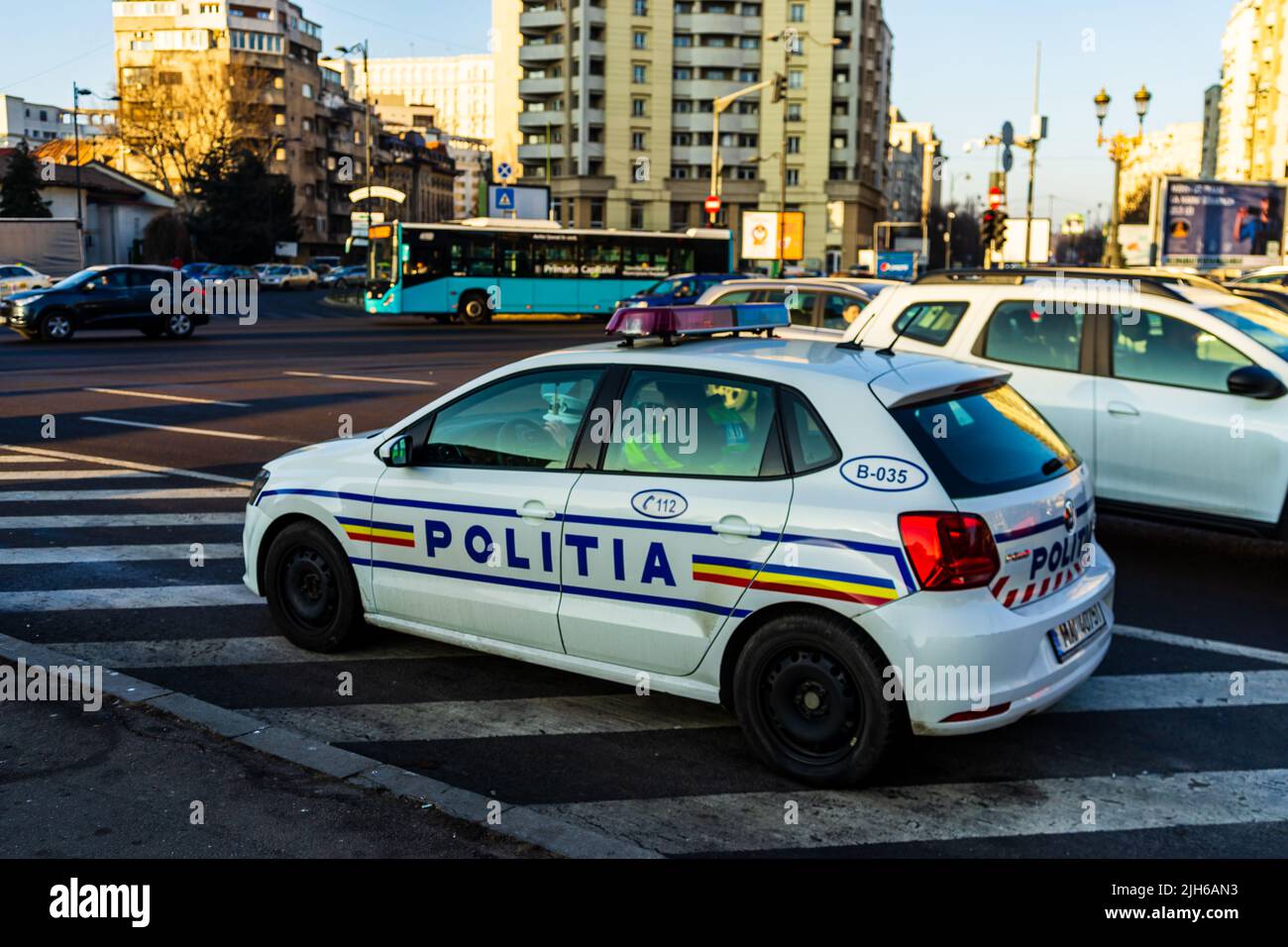 Romanian police (Politia Rutiera) car patrolling in downtown Bucharest ...