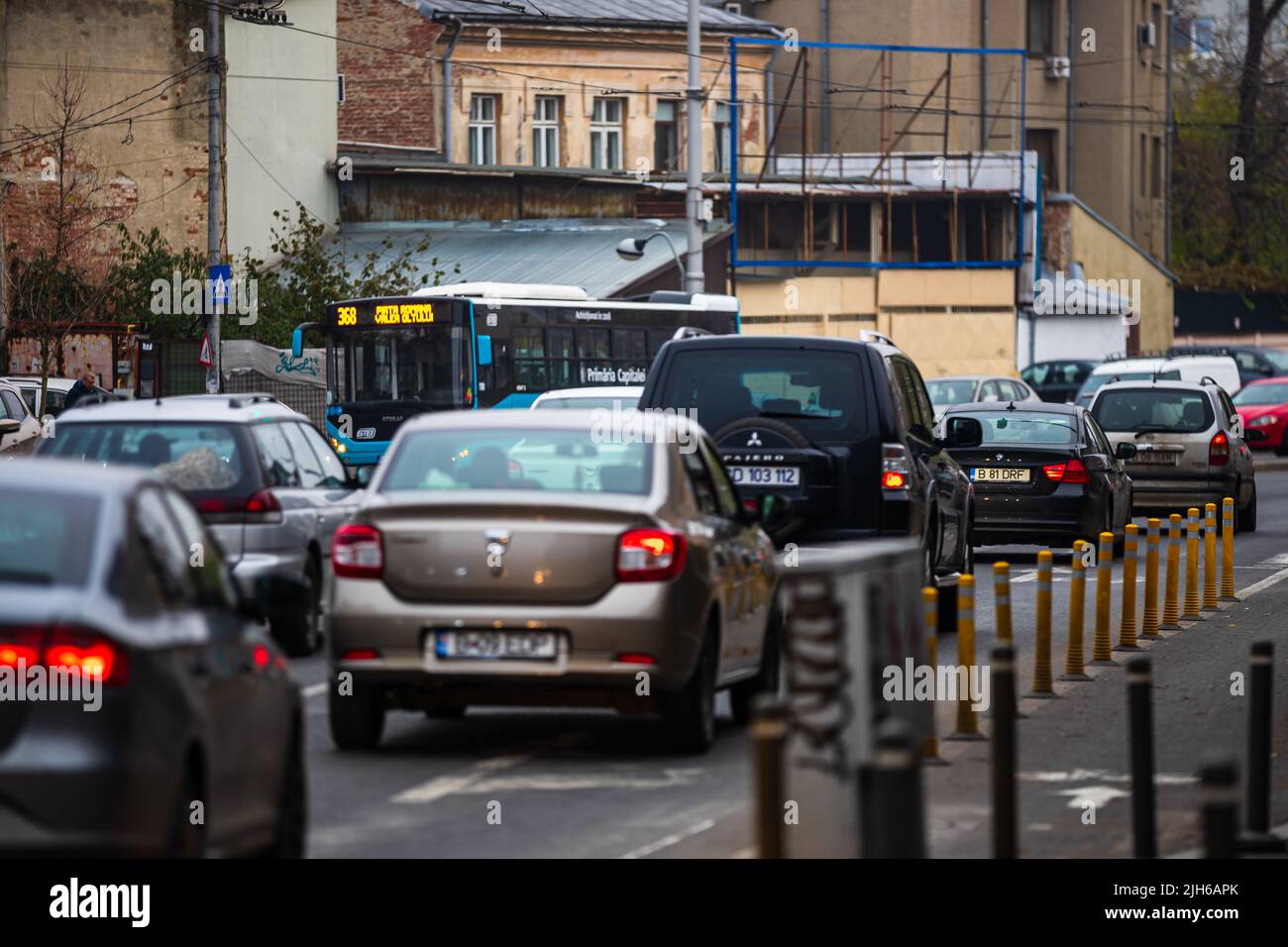 Car traffic, pollution, traffic jam in the morning and evening in the ...