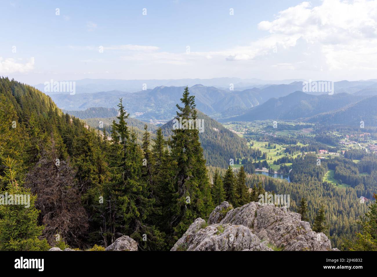 Green spring mountain valley sheltered by mountain vegetation and ...