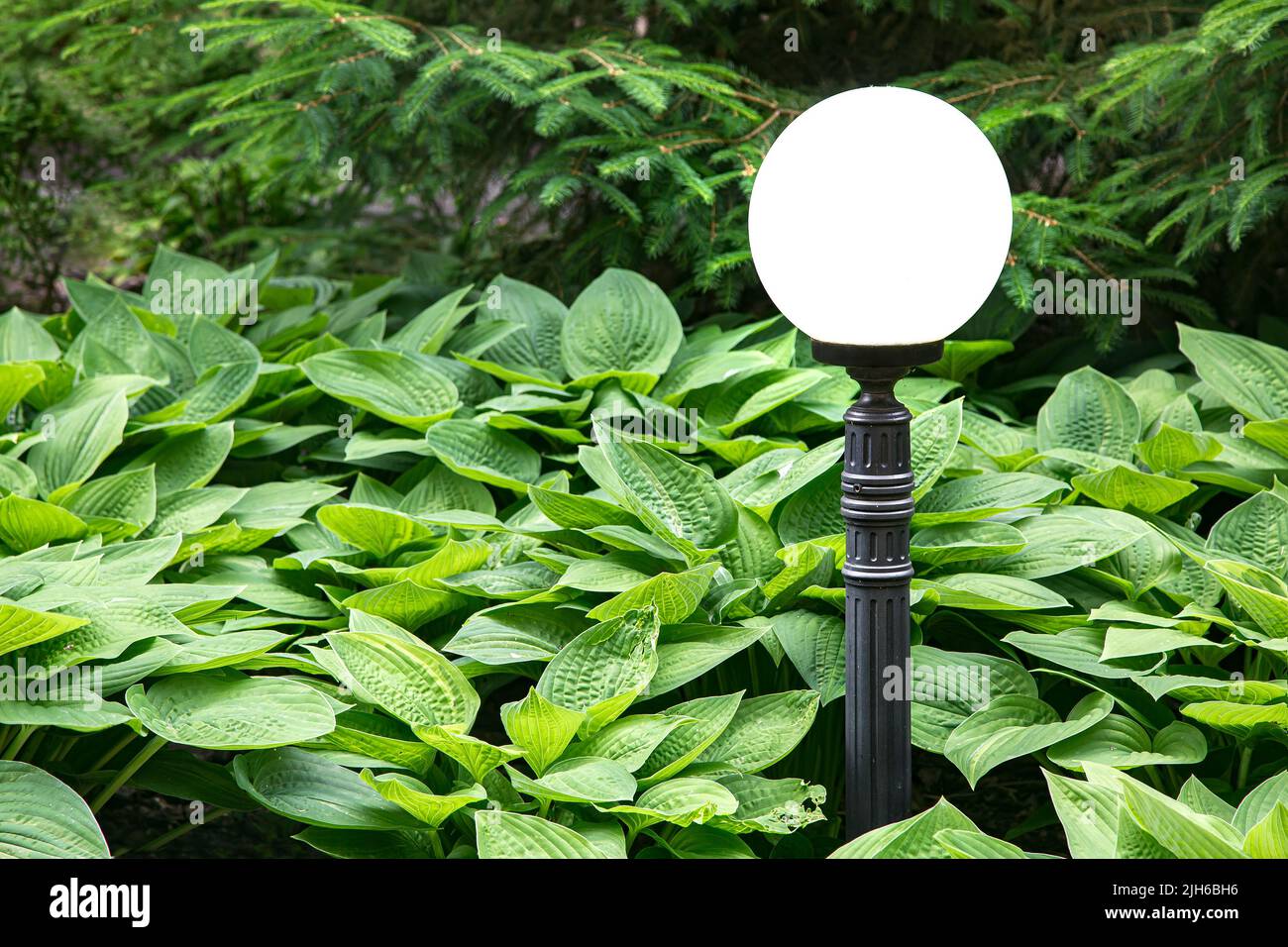 white ball lantern on an iron pole of ground garden lighting in a ...