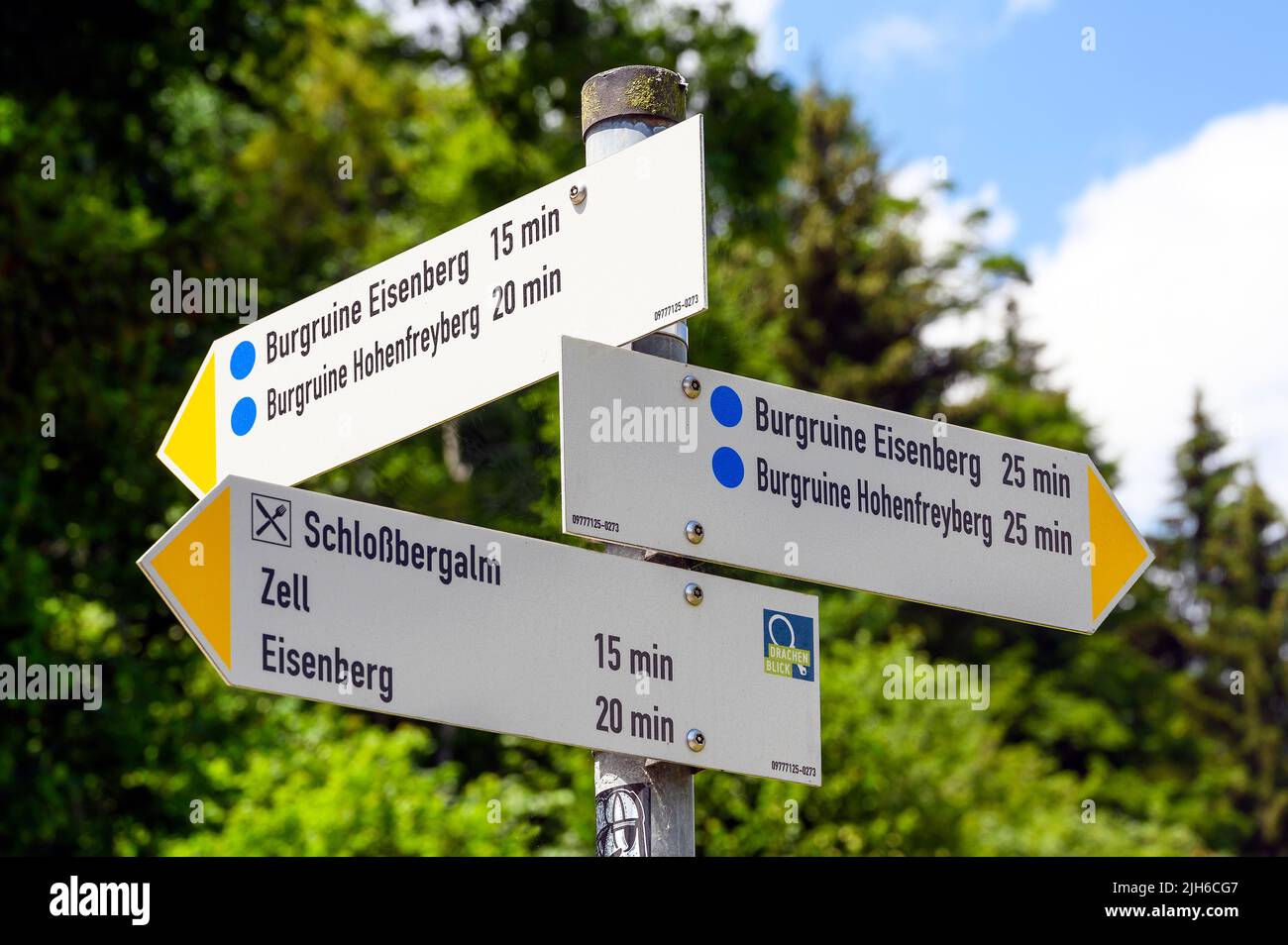 Signpost, Eisenberg and Hohenfreyberg castle ruins near Zell, Allgaeu ...