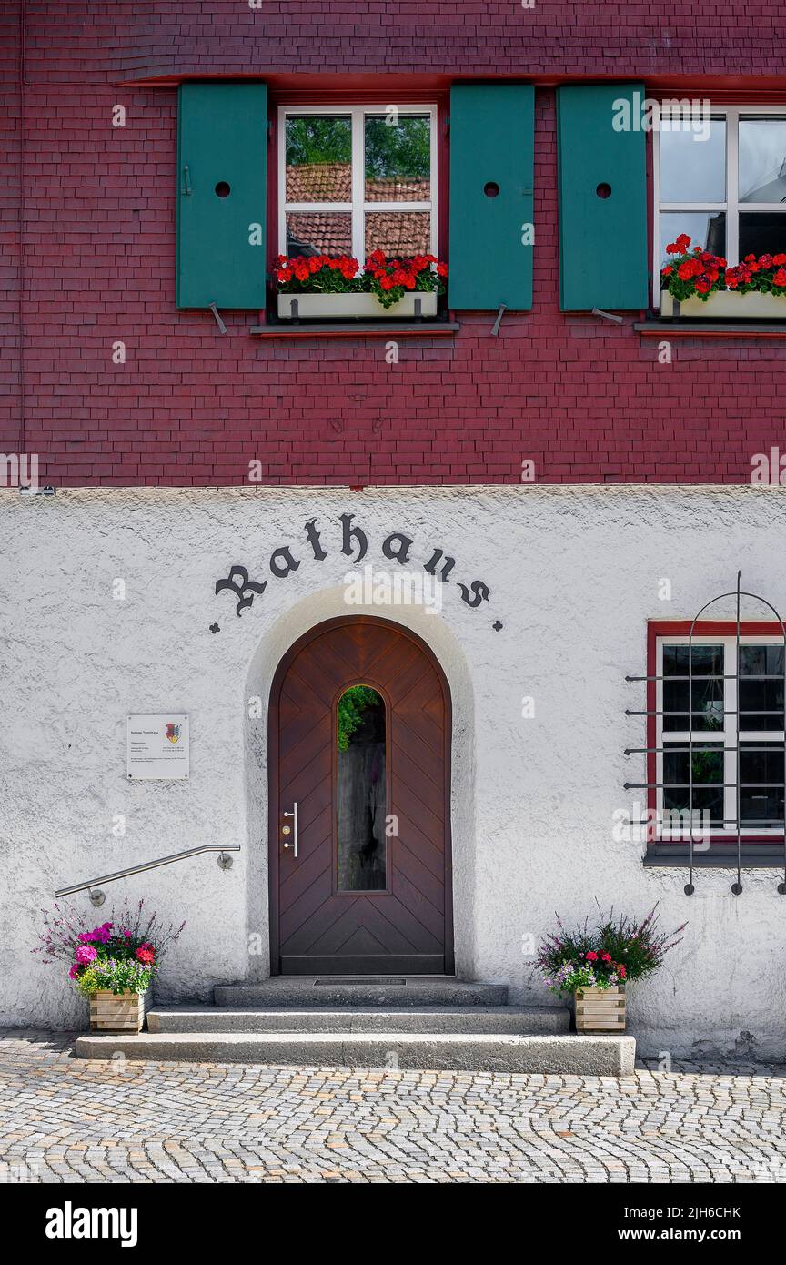 Gate and window at the town hall, Nesselwang, Allgaeu, Bavaria, Germany ...