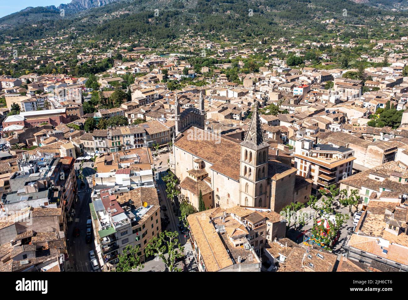 Aerial view, old town of Soller, with church of St. Bartholomew, Roman ...
