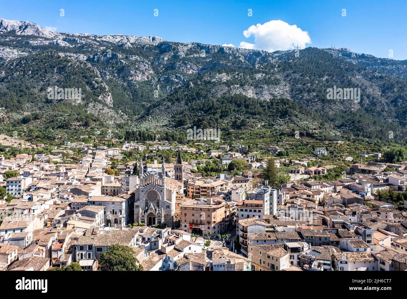 Aerial view, old town of Soller, with church of St. Bartholomew, Roman ...