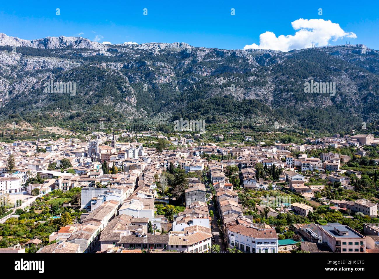 Aerial view, old town of Soller, with church of St. Bartholomew, Roman ...