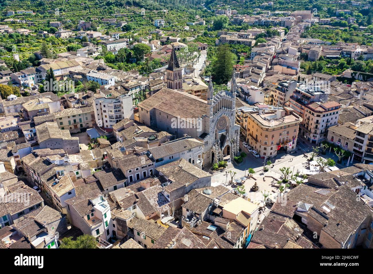 Aerial view, old town of Soller, with church of St. Bartholomew, Roman ...