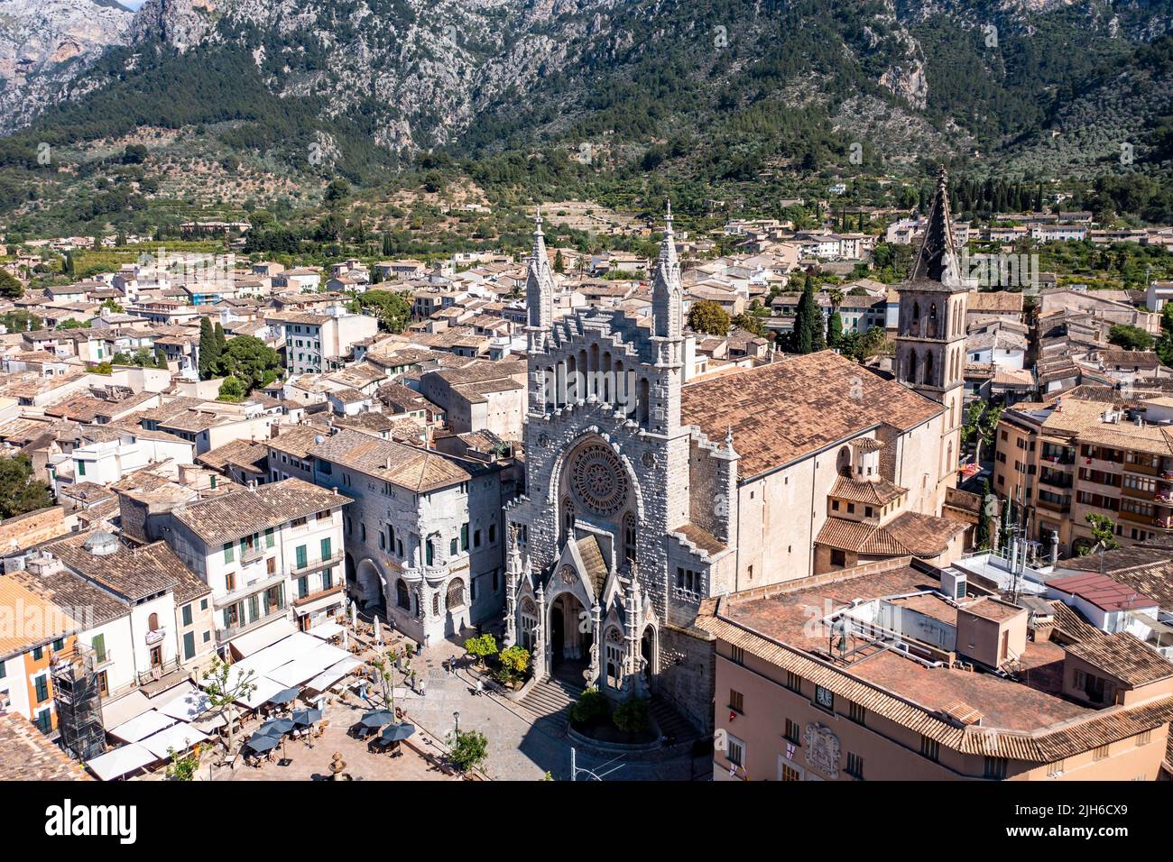 Aerial view, old town of Soller, with church of St. Bartholomew, Roman ...