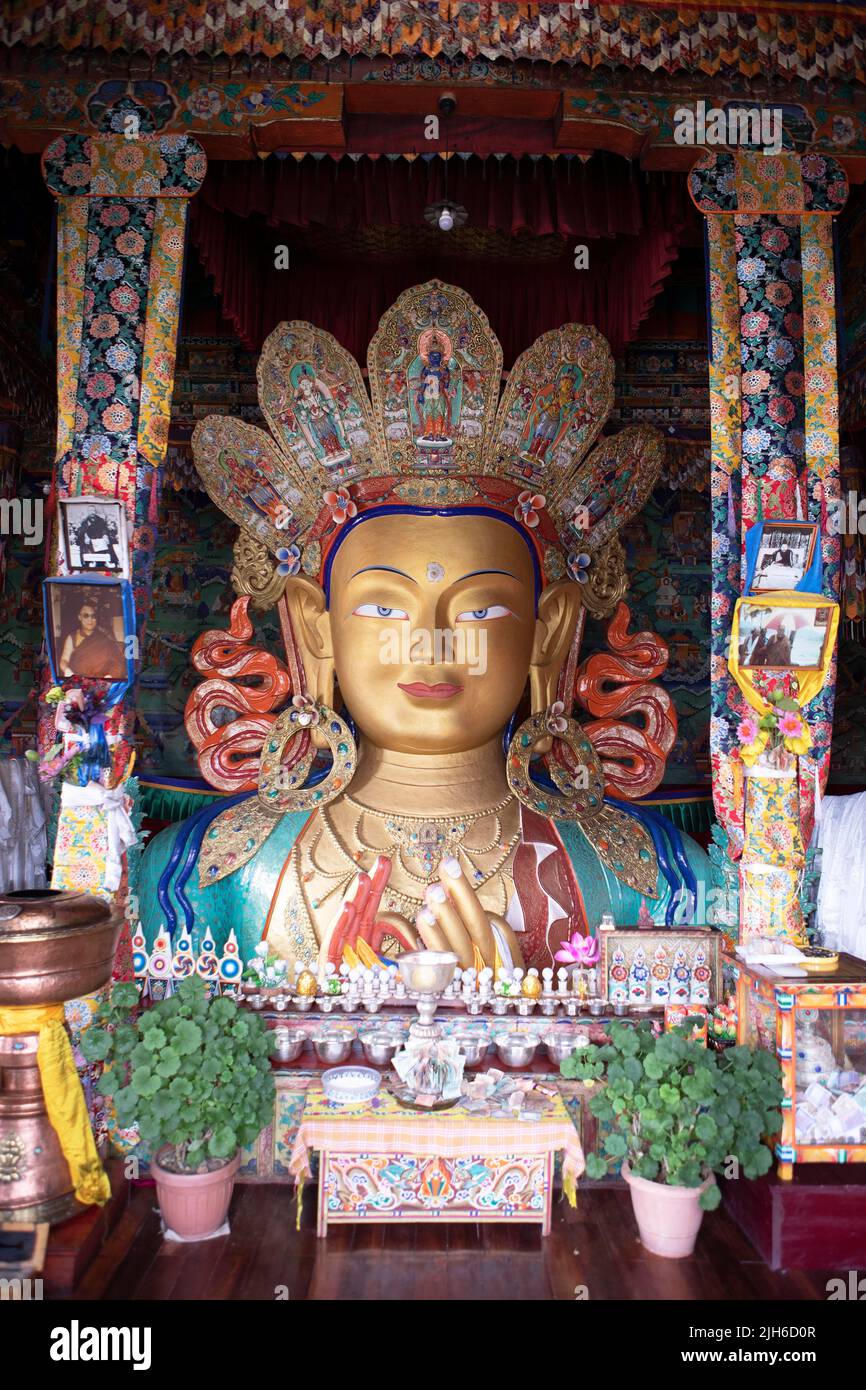 Buddha statue Maitreya, Yellow Cap Monastery Tikse or Thiksey or Thikse ...