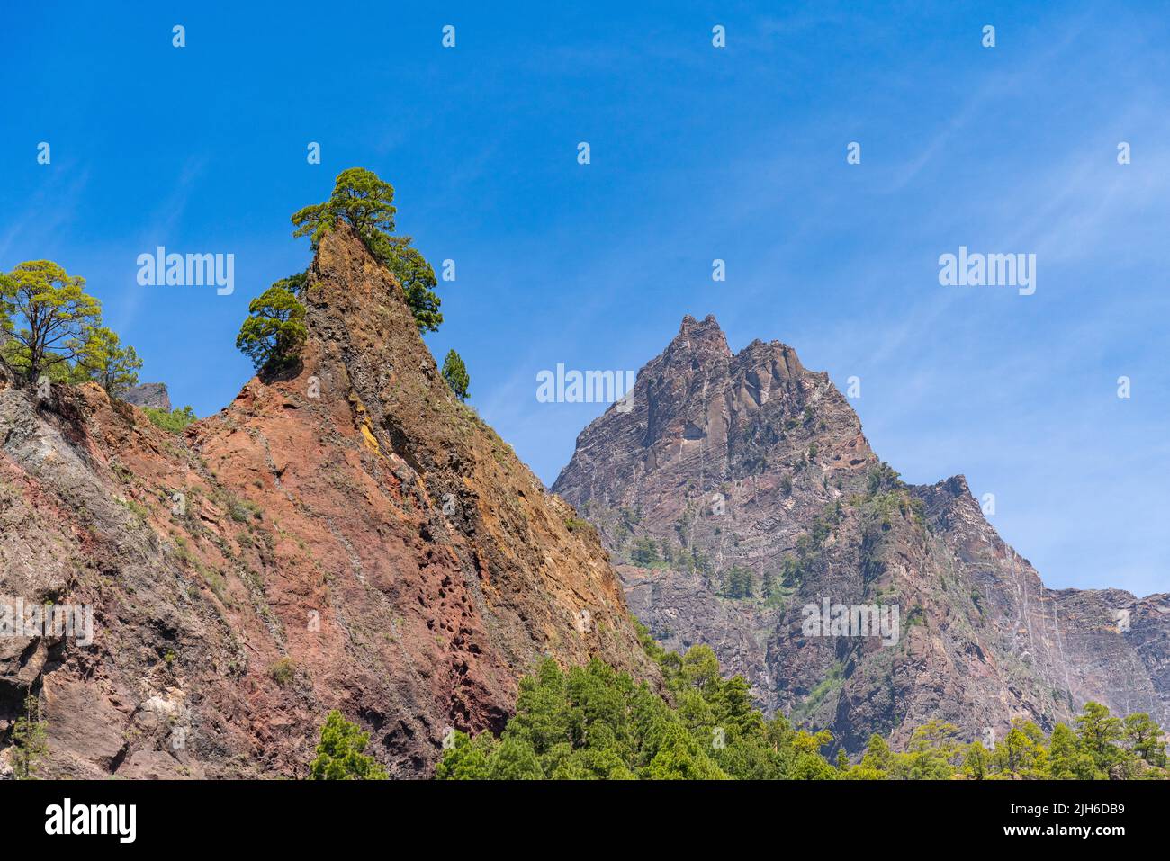 Rock peaks in the volcanic caldera of the Caldera de Taburiente ...