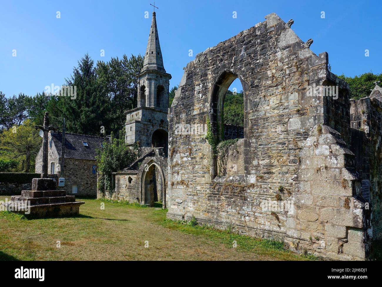 Ruin of the Gothic-style Pont-Christ chapel on the banks of the Elorn ...