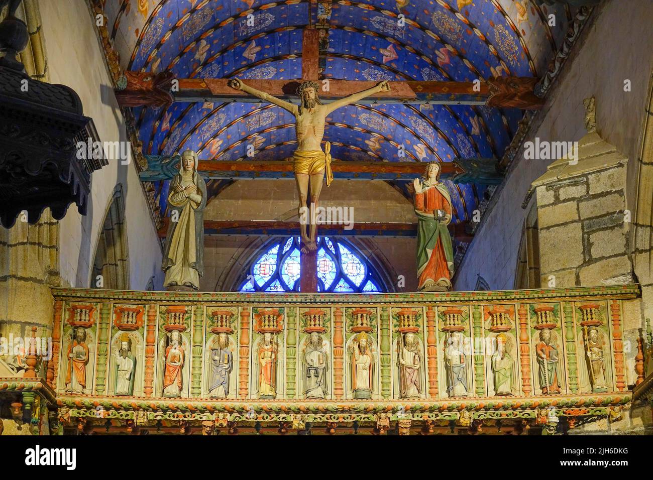 Enclos paroissial, rood screen with apostles and crucified Christ ...