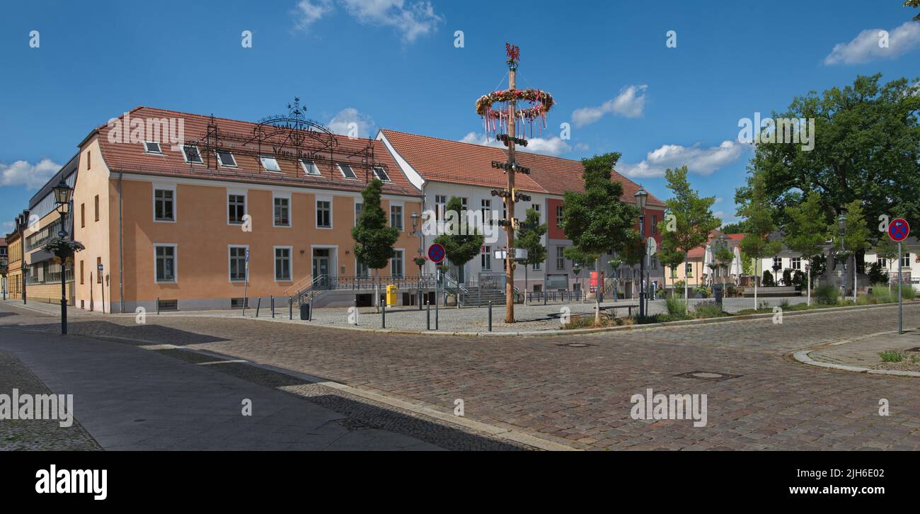 Market square with maypole and town hall in Teltow, Potsdam-Mittelmark ...