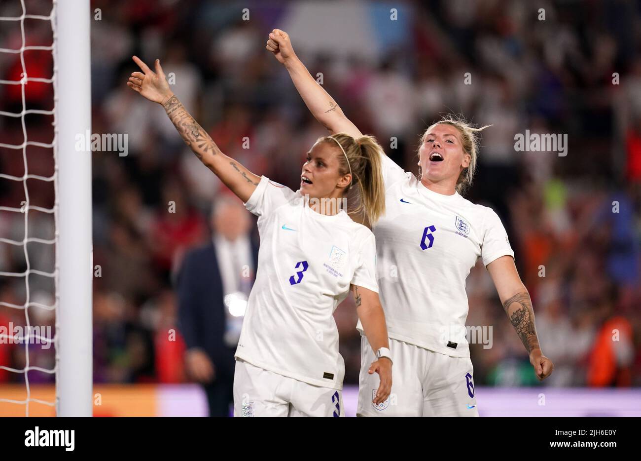 England's Rachel Daly (left) and Millie Bright celebrate after the UEFA ...