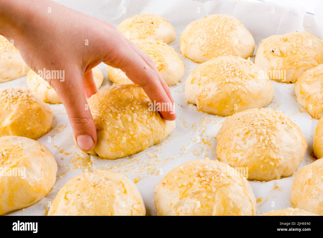 Hand holding cooked pastry on a tray on white background Stock Photo ...