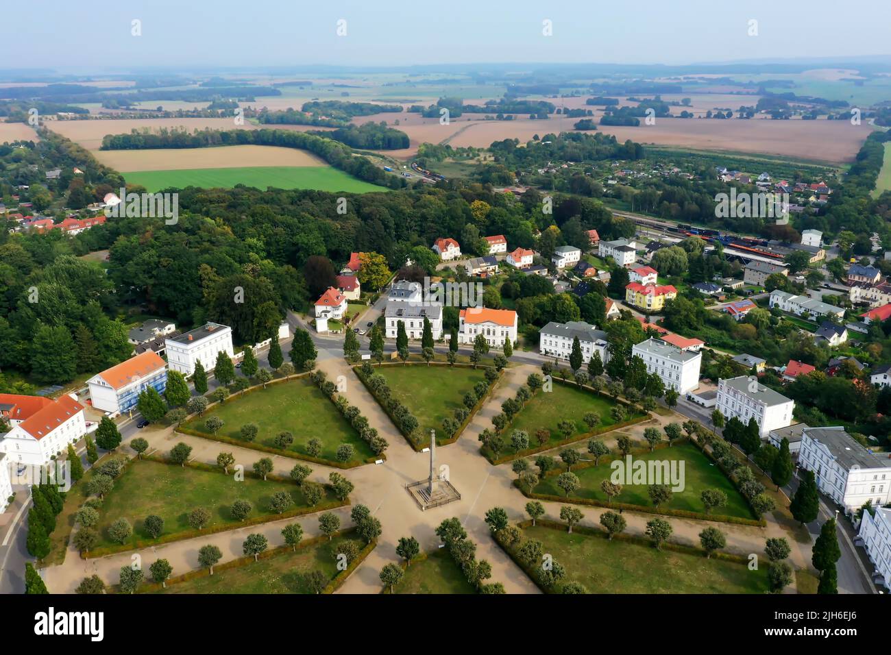 Aerial panorama over Putbus showing the Circus with Obelisk, Ruegen ...