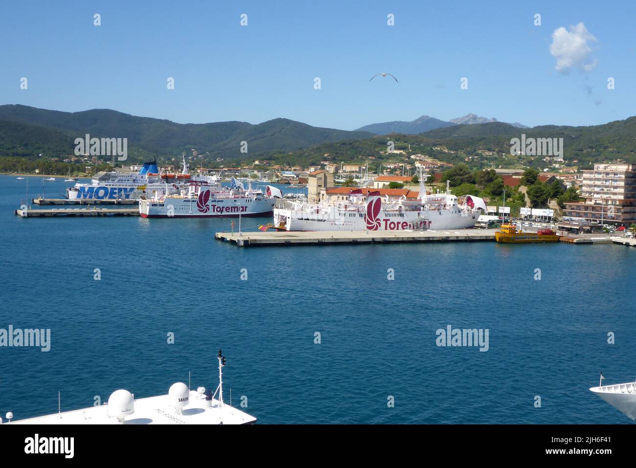 Three car ferries at Portoferraio ferry terminal, Portoferraio, Elba ...