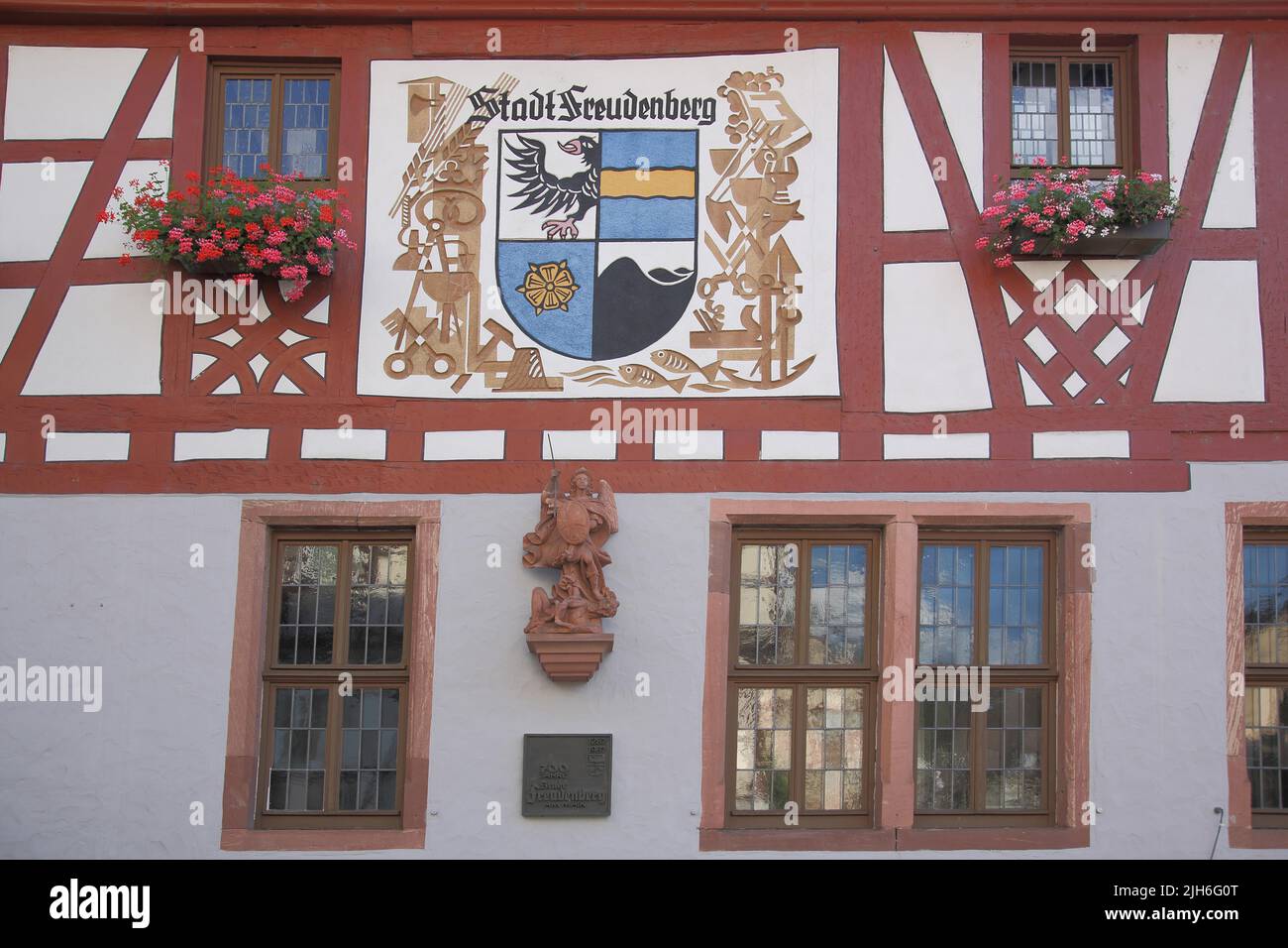 Facade of the historic town hall in Freudenberg, Main, Baden ...