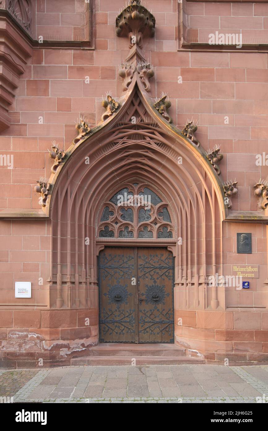 Portal with tympanum of the neo-Gothic Melanchthon House in Bretten ...