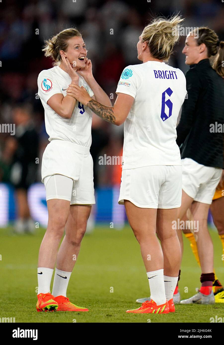 England's Ellen White (left) and Millie Bright celebrate after the UEFA ...
