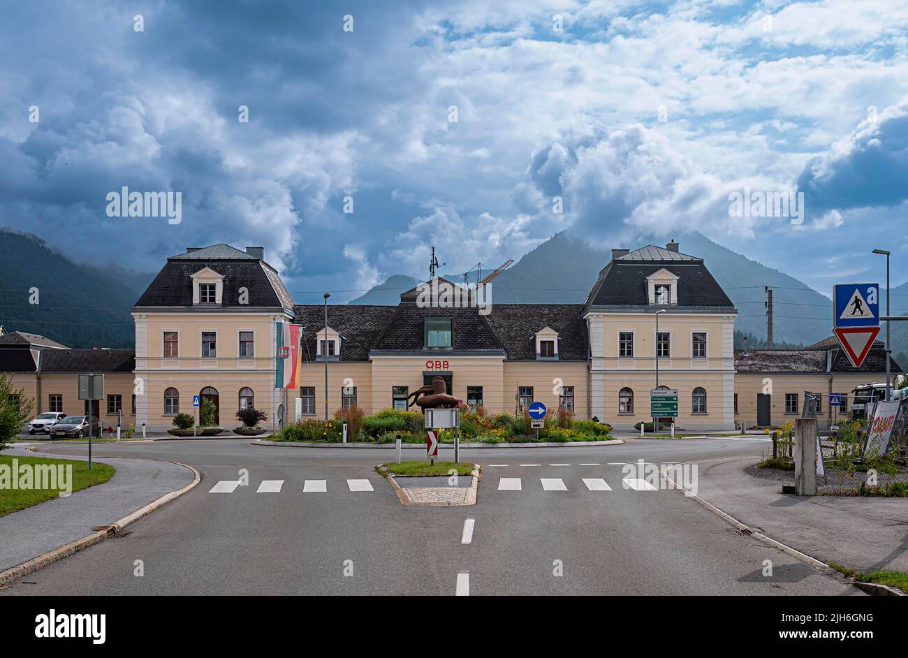 The long-distance railway station in the village of Reutte, Tyrol ...