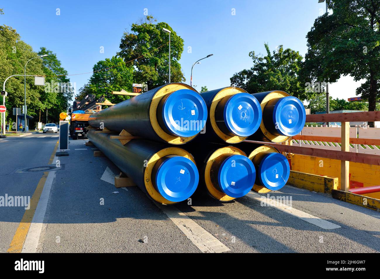 Six insulated district heating pipes in front of installation, Munich ...