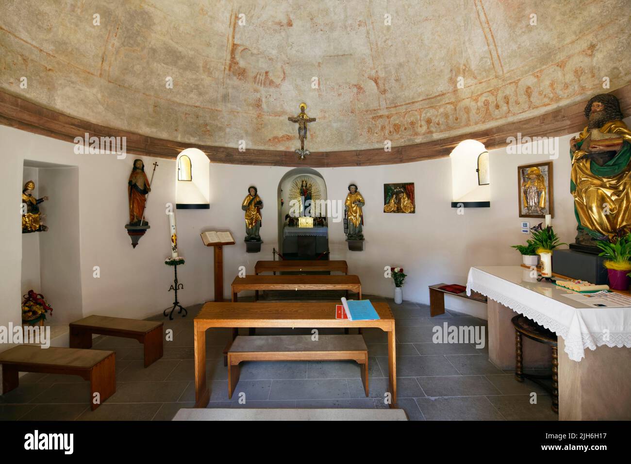 Interior, ceiling fresco, altar, benches, statues of saints, Altenfurt ...